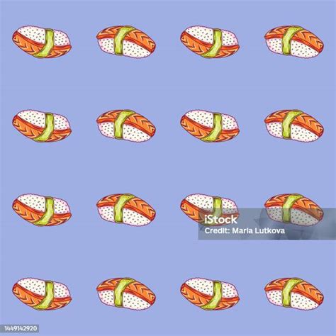 밝고 귀여운 초밥 손으로 그린 낙서가 있는 매끄러운 패턴 배경 아시아 음식 윤곽선 아시아 음식 벡터 일러스트 레이 션 배경 인쇄