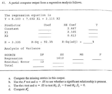 solved 41 a partial computer output from a regression