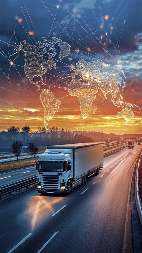 Twilight Road Scene With Truck And Mapped Globe Stock Illustration