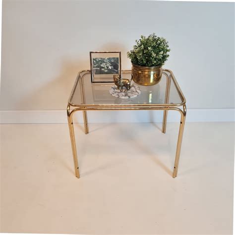Vintage Mid Century Modern Brass And Smoky Glass Table Etsy