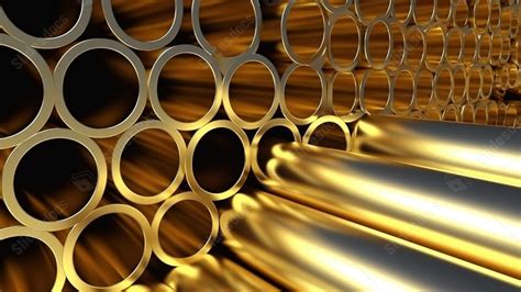 Steel Pipes Serve As Backdrop For 3d Rendering Of Golden Aluminum Piping Powerpoint Background