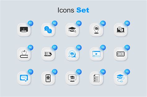 온라인 퀴즈 테스트 설문 조사 질문 및 답변 인증서 템플릿 마우스가 있는 졸업 모자 교육 수업 및 말풍선 아이콘을 설정합니다