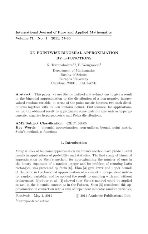 Pdf On Pointwise Binomial Approximation By W Functions