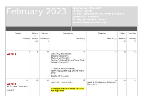Calendar January 2023 N V February 2023 Chamberlain University