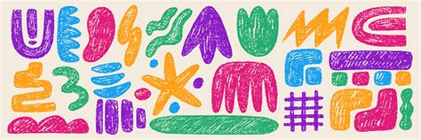 별 꽃 파도 및 격자가 있는 추상적인 유기적 모양 세트 크레용 분필 또는 파스텔 질감의 거친 유기적 인물 복고풍 스타일의 컬러 벡터 그림 곡선에 대한 스톡 벡터 아트 및