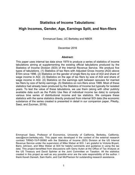 Pdf Statistics Of Income Tabulations High Incomes Gender Gabriel