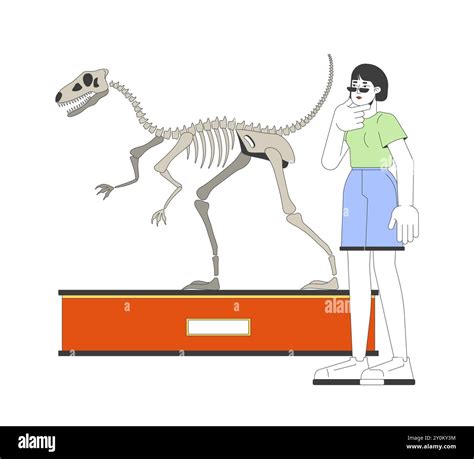 Asian Woman Looking At Velociraptor Fossil Exhibit 2d Linear Cartoon