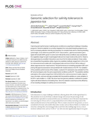 Genomic Selection For Salinity Tolerance In Japonica Rice Alliance