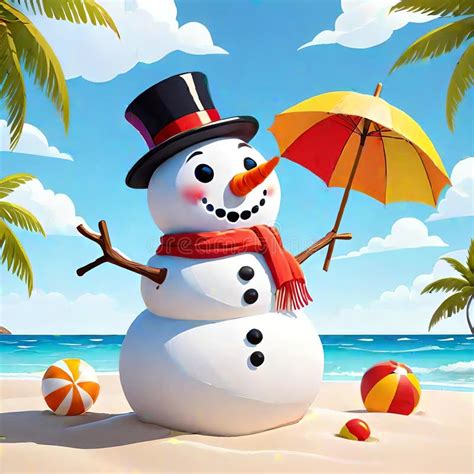 Snowman Umbrella Beach Ball Ocean Fun Stock Illustration Illustration