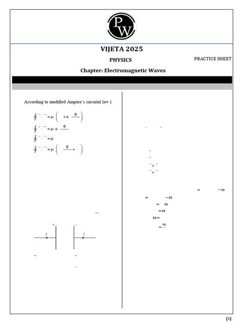 Electromagnetic Waves Practice Sheet Vijeta 2025 Pdf Electromagnetic Radiation Waves