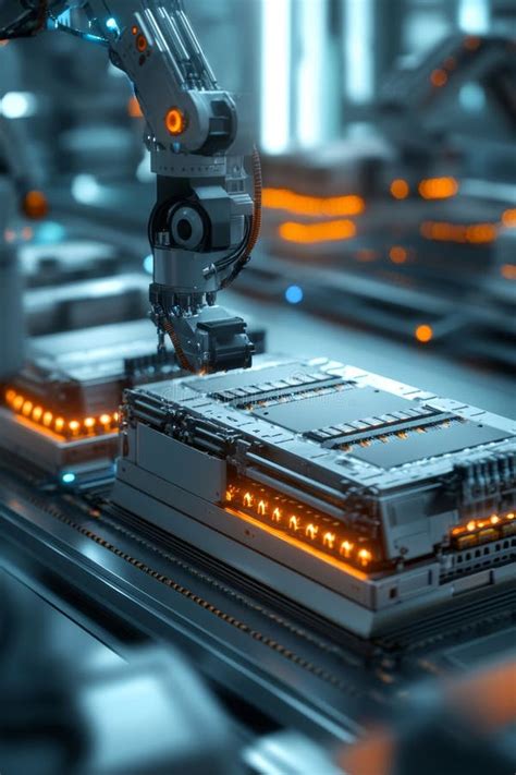 Automated Ev Production Line With Robotic Arms Transporting Automotive Battery Modules Stock