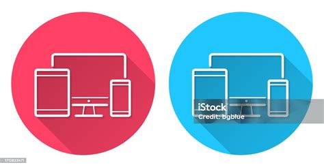 데스크톱 컴퓨터 태블릿 Pc 및 스마트 폰 빨간색 또는 파란색 배경에 긴 그림자가 있는 둥근 아이콘 Brand Name Smart Phone에 대한 스톡 벡터 아트 및 기타