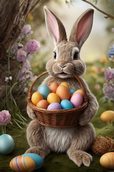 Adorable Easter Bunny Holding Basket Of Colorful Eggs In Magical Garden Stock Illustration