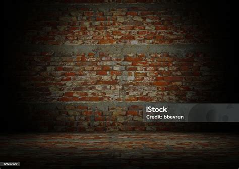 비네트 효과 3d 렌더링과 함께 백 월과 바닥에 오래되고 울퉁불퉁한 콘크리트 벽돌 0명에 대한 스톡 사진 및 기타 이미지 0명 골동품 더러운 Istock