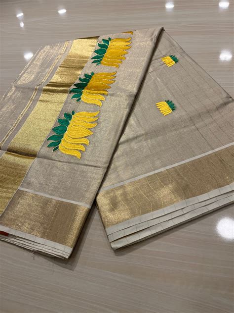 Yellow Lotus Lines Tissue Kerala Saree Sl268 Kerala
