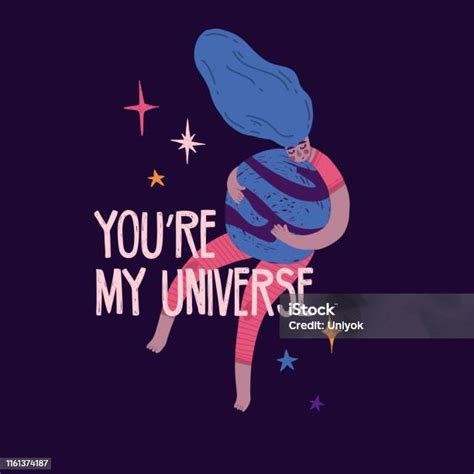 지구를 껴안고 예쁜 소녀와 귀여운 디자인 배너 넌 내 우주 문자야 공간 별 요소 장식과 잠옷에 흑인 여자와 만화 일러스트 레이션 벡터 여자에 대한 스톡 벡터 아트 및 기타