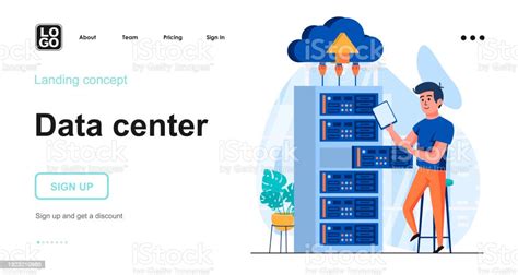 데이터 서버 웹 개념 Man Engineer는 서버룸 클라우드 스토리지 데이터 센터에서 작업을 유지 관리합니다 사용자 장면의 템플릿입니다 웹 사이트에 대한 평면 디자인에서