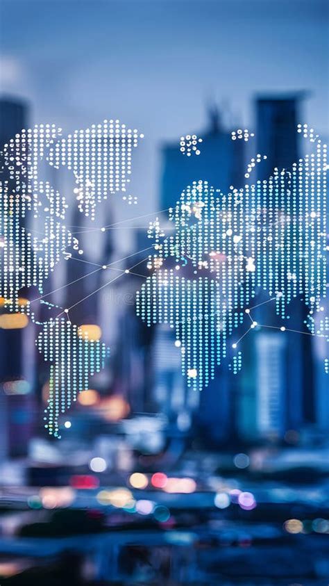 Mapa Digital Mundial Com Pontos Iluminados Na Linha Do Horizonte Urbano Desfocada Simbolizando A