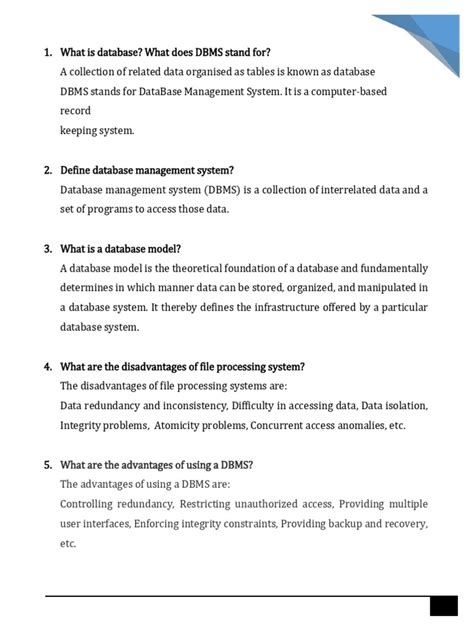 Dbms Short Answer Questions 1 Pdf Databases Relational Model