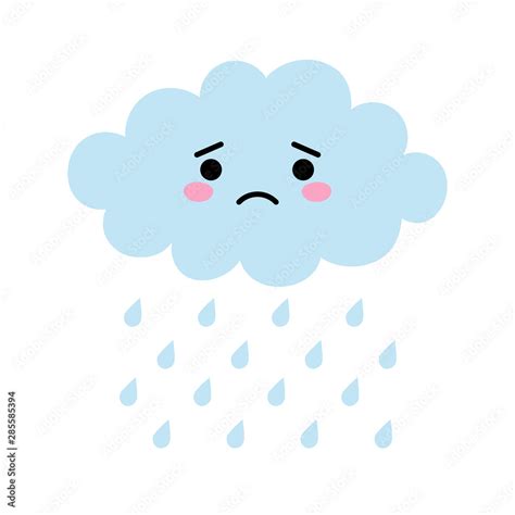 Cute Cartoon Kawaii Blue Cloud With Rain Drops With Sad Face Emotion