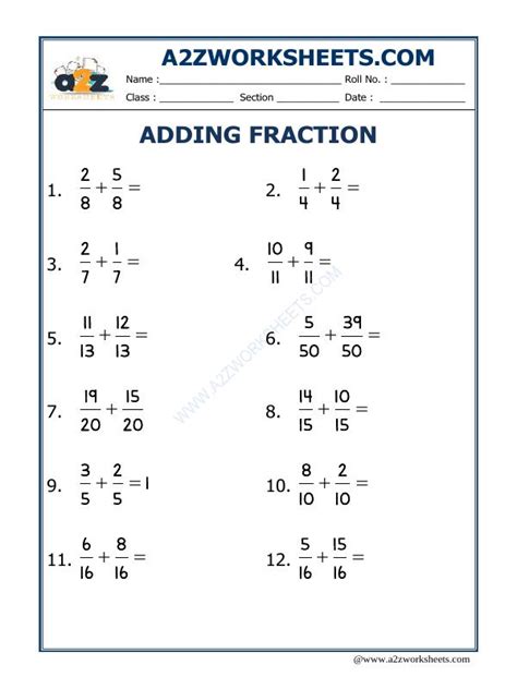 A2zworksheets Worksheet Of Lets Practice Fraction Addition 05 Fractions Maths