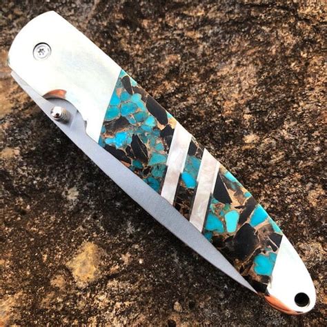 Deep Blue Chunk Turquoise 4 Knife W Plain Blade Santa Fe Stoneworks