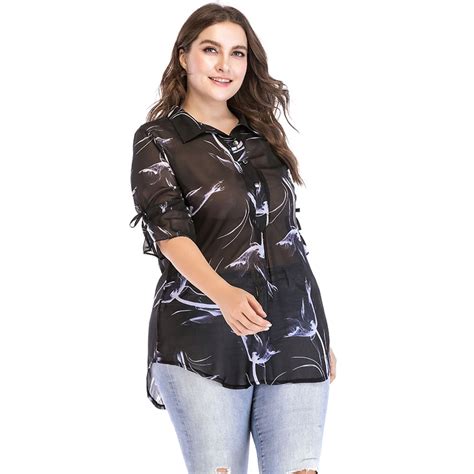 Sexy Plus Size Women Chiffon Blouse Buttons Turn Down Collar Flared Sleeve Semi Sheer Oversized