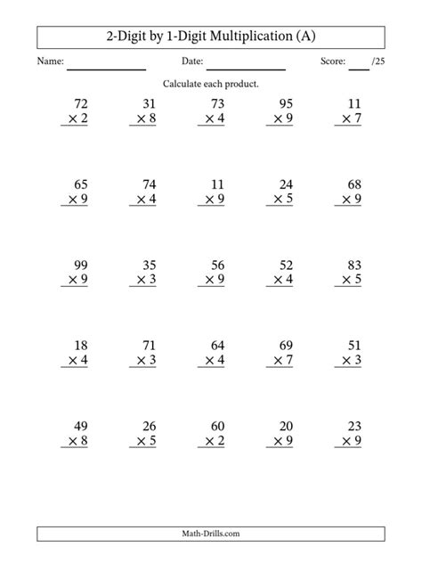 Long Multiplication Worksheet Multiplying 2 Digit By 1 Digit Numbers