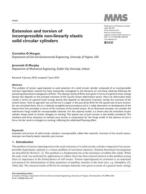Pdf Extension And Torsion Of Incompressible Nonlinearly Elastic Solid Circular Cylinders