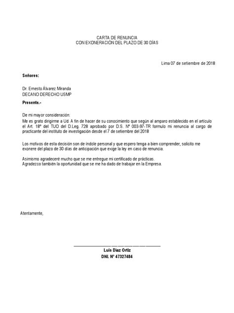Carta Renuncia Exoneracion 30 Días
