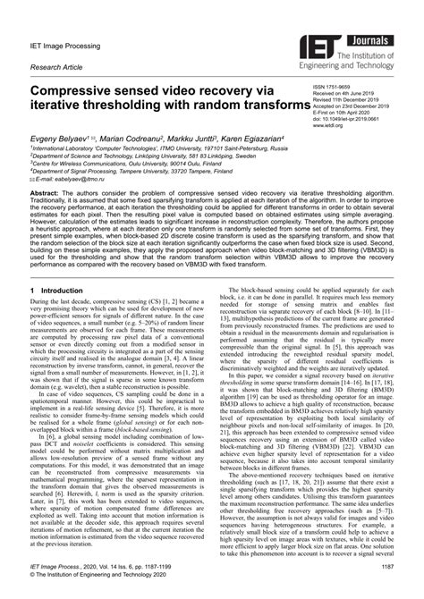 pdf compressive sensed video recovery via iterative thresholding with