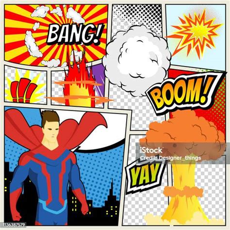 만화 템플릿입니다 벡터 레트로 만화 연설 거품 그림입니다 텍스트 연설 Bubbls 기호 컬러 하프톤 배경과 슈퍼 히어로를 위한 장소가 있는 만화책 페이지의 모형 0명에 대한