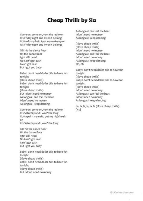 Cheap Thrills By Sia Cheap Thrills Song Lyrics Cheap Thrills Dance