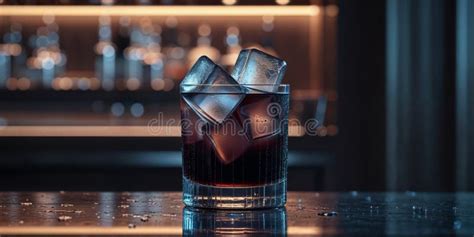 Dark Drink With Ice Cubes On Reflective Surface In A Bar Setting At Night Stock Image Image Of