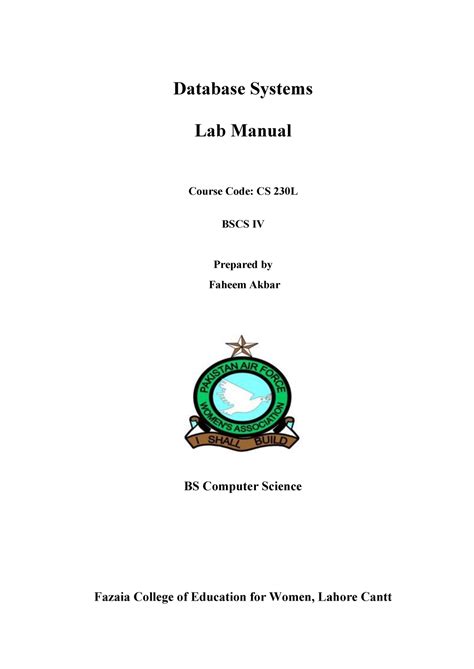 Database Management System Cs Lab Manual By Faheem Akbar Database System Studocu