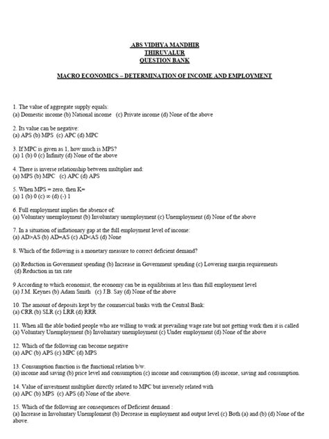 Determination Of Income And Employment Question Bank Pdf
