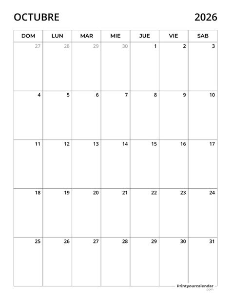 Calendario Octubre 2026 Para Imprimir Gratis