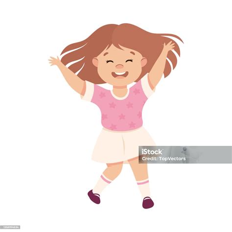 행복한 소녀 점프 와 기쁨 과 손 올라 응원 과 데 재미 벡터 일러스트 개념에 대한 스톡 벡터 아트 및 기타 이미지 개념 귀여운 긍정적인 감정 표현 Istock