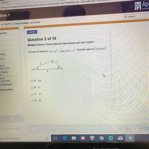The law of cosines a2+b2-2abcosC=c2. Find the value of 2abcosC ...