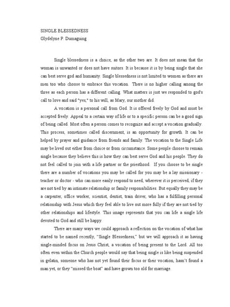 Single Blessedness Religious Life And Married Life Pdf Marriage