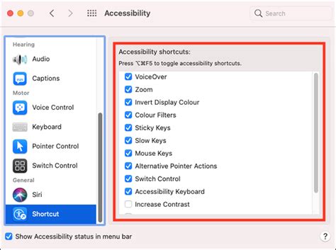 how to use a keyboard shortcut to quickly enable accessibility options
