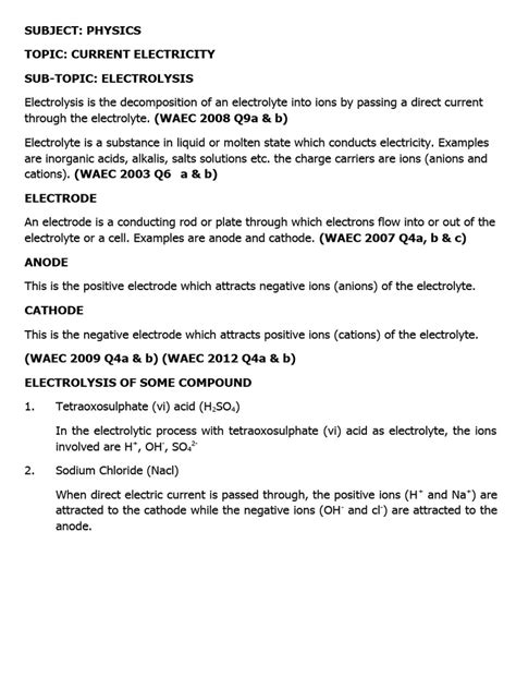 Note On Electrolysis Pdf Electrolyte Ion