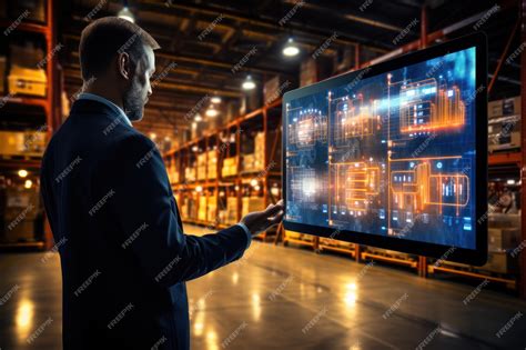 Smart Warehouse Inventory Management System Concept A Manager Using Digital Tablet Showing