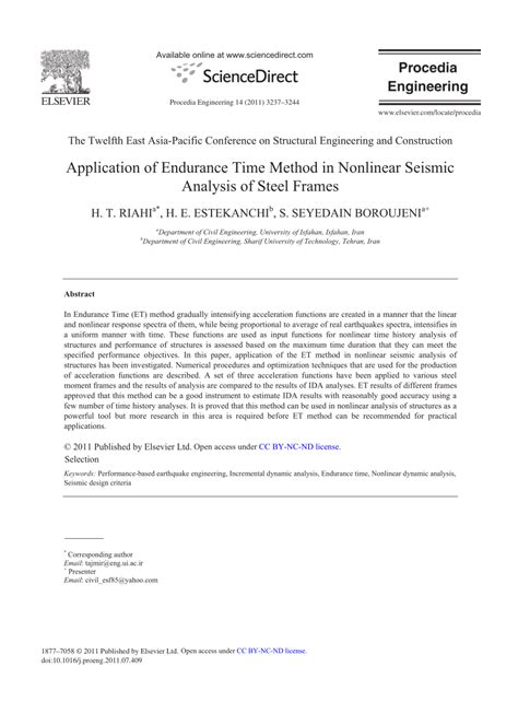 Pdf Application Of Endurance Time Method In Nonlinear Seismic Analysis Of Steel Frames