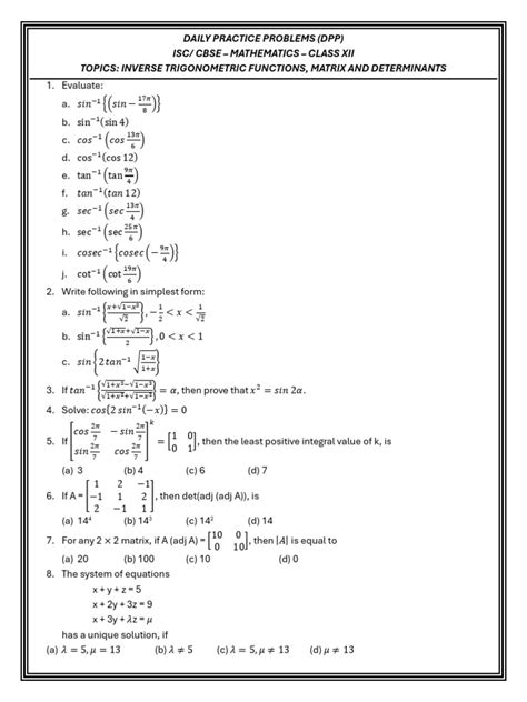 4 Inverse Trigonometric Functions Matrix And Determinants Pdf Trigonometric Functions