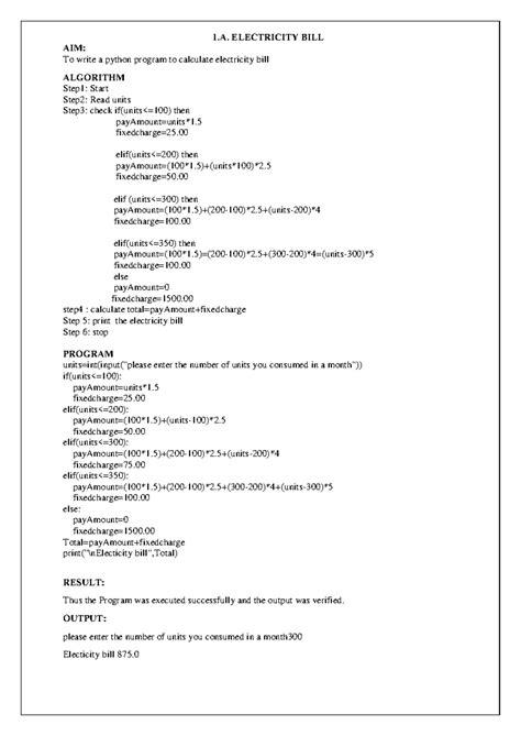 Ge3171 Problem Solving And Python Programming Lab 1 A Electricity Bill Aim To Write A