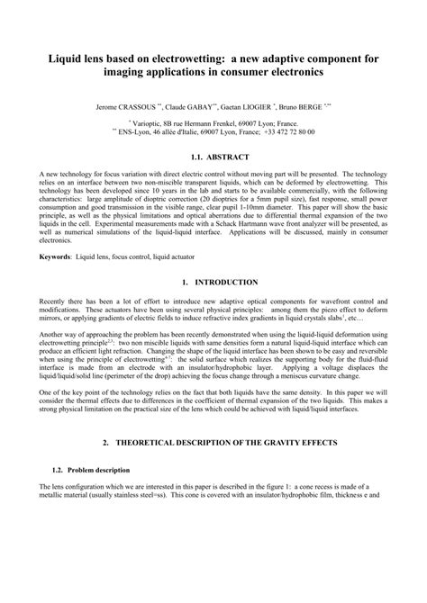 Pdf Liquid Lens Based On Electrowetting A New Adaptive Component For Imaging Applications In