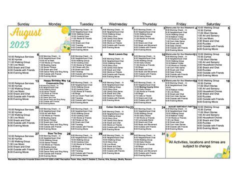 Activity Calendars Yorktown Assisted Living Residence