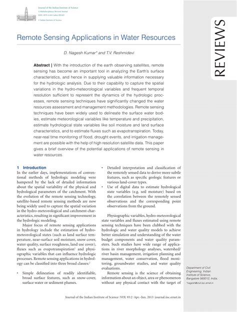 Pdf Reviews Remote Sensing Applications In Water Resources