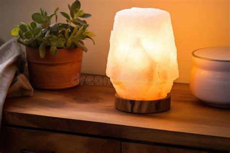 Warmly Lit Salt Lamp Placed On A Wooden Side Table Stock Image Image Of Side Calming
